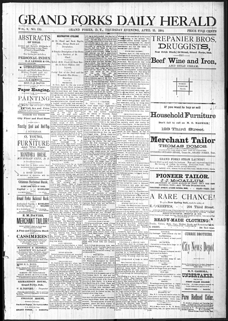 Saint Cloud Tornado 1886 Grand Forks Daily Herald Account